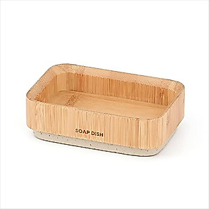 Bamboo Bathroom Accessories Set, Bamboo Wood Bathroom Accessories Include Bamboo Soap Dispenser, Tumbler, Soap Dish, with Concrete Base