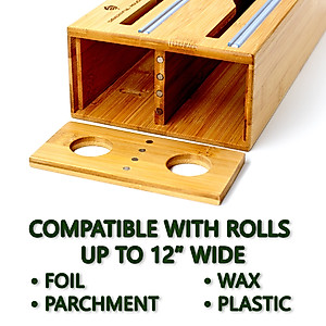 SmartfulHouse 2 in 1 Bamboo Dispenser, Aluminum Foil, Wax Paper, Parchment and Plastic Wrap Dispenser with Cutters for Kitchen Drawer, Roll Organizer Holder, Compatible with 12" Roll