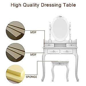 IRDFWH Dressing Table Concise 4-Drawer 360-Degree Rotation Removable Dresser White with Dressing Table Stool