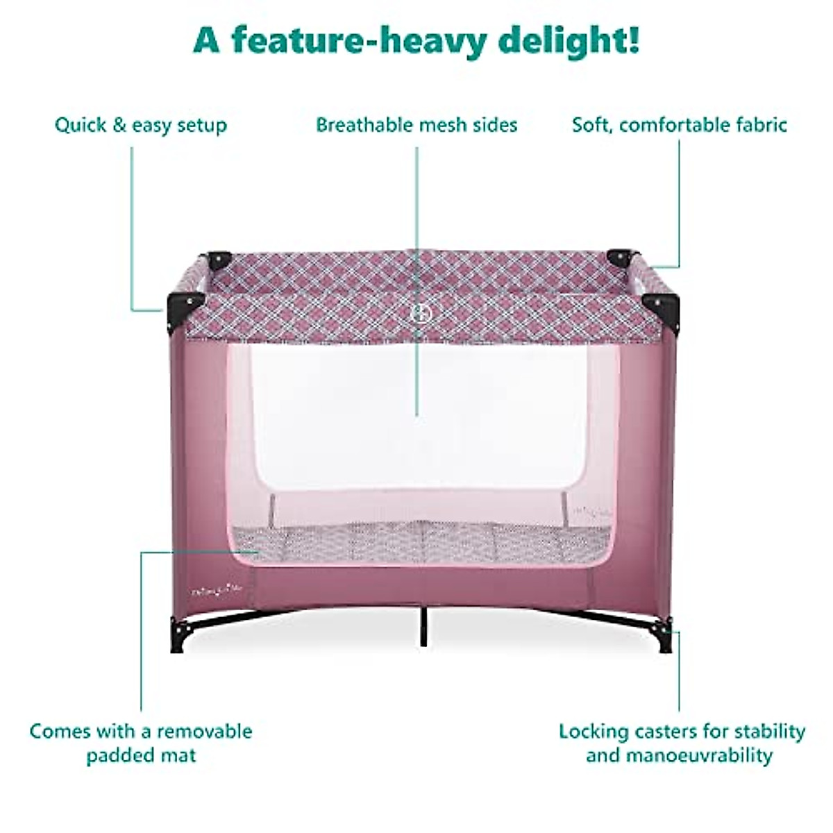 Dream On Me Zoom Portable Playard in Pink, Lightweight, Packable and Easy Setup Baby Playard, Breathable Mesh Sides and Soft Fabric - Comes with a Removable Padded Mat