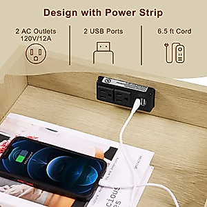 2 PC Nightstands with 2 Natural Rattan Decorated Drawers, Bedside End Table Side Table with 2 AC Outlets & 2 USB Ports, Solid Wood Legs & Particle Board Frame, Natural