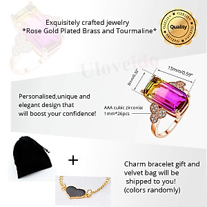 Uloveido Created Tourmaline Gemstone Rings18k Rose Gold Plated Ring with Big Rectangle Stone (size 6) RJ400