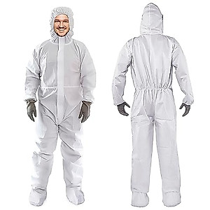 AMZ Medical Supply Disposable Coveralls for Men & Women Large. 5 Pack of 60 GSM Microporous White Hazmat Suits Disposable. Disposable Hazmat Suit with Hood, Boots, Elastic Wrist, Lower Back, Zipper