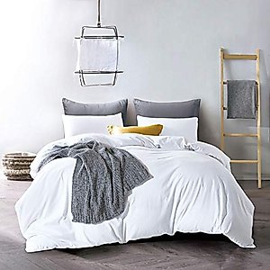 ATsense Duvet Cover King Size, 100% Washed Cotton Linen Feel Super Soft Comfortable, 3-Piece White Duvet Cover Bedding Set, Durable and Easy Care, Simple Style Farmhouse Comforter Cover