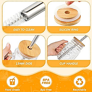 16 oz Jar Glass Mugs Cups with Handle Bamboo Lids Straws and Brush Set 3 Regular Mouth Jar Cups Juices Drinking Glasses Bottles 3 Bamboo Lids 3 Straws 1 Cleaning Brush Reusable Set Gift