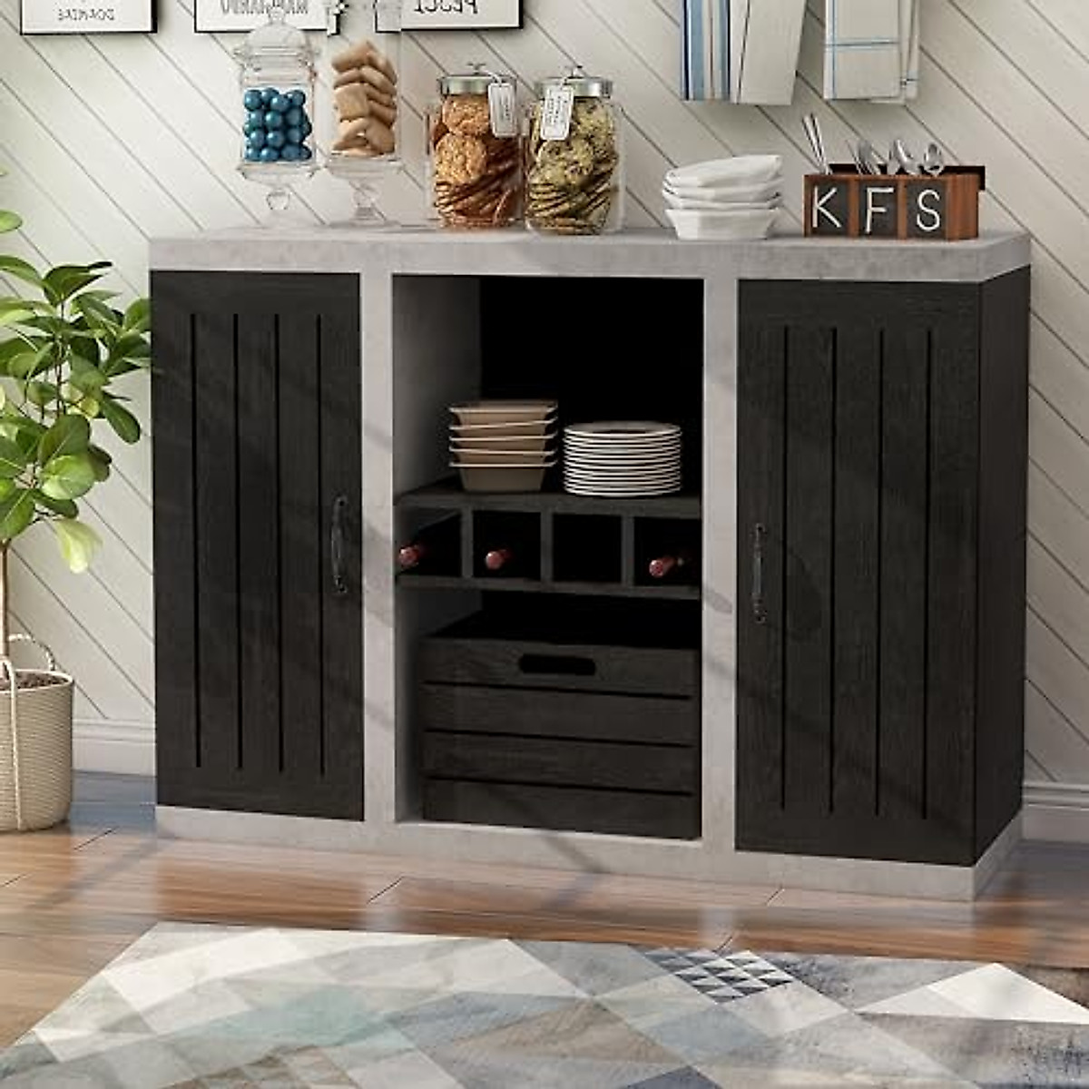 HOMES: Inside + Out FGI-1777C1 Cato Industrial Two-Tone Buffet with Open Shelf, Wine Bottle Holder, Slatted Drawer and Cabinets, Black and Cement