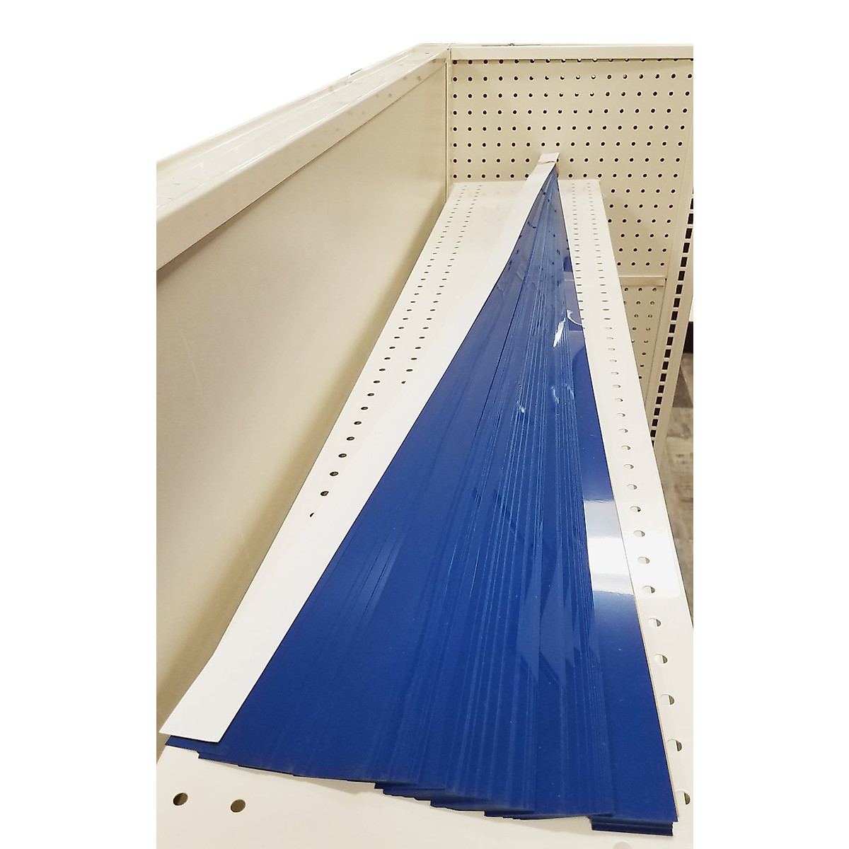 Decorative Gondola Shelving Pre Cut Vinyl Insert Strips 48" x 1.25" Shelf C-Channel, Blue, 100 Pack