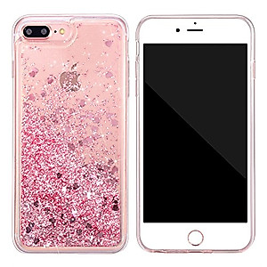 iPhone 7 Plus Case, iPhone 8 Plus Case, WORLDMOM Double Layer Design Bling Flowing Liquid Floating Sparkle Colorful Glitter Waterfall TPU Protective Phone Case for Apple iPhone 7 Plus,Rose Gold