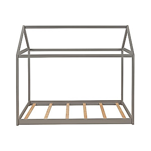 P PURLOVE Twin House Floor Bed Frame for Kids,Girls,Boys,Twin Size Montessori Floor Bed Frame with Roof,Twin Platform Bed Frame with Slat,Gray