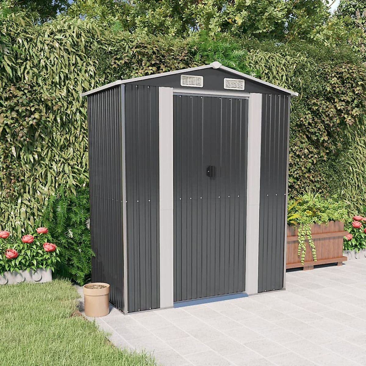 Gecheer Garden Shed Galvanized Steel, Garden Tool Storage Shed with Vent Outdoor Storage Shed Organize Storage House with Door for Backyard Garden Patio Lawn - Anthracite 75.6"x42.5"x87.8"