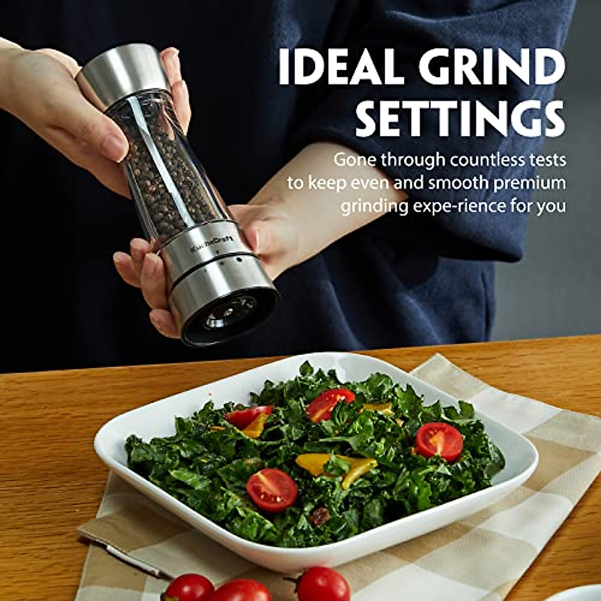 KucheCraft Pepper Grinder - Easy Grip Pepper Mill Grinder or Salt Grinder Refillable - Stainless Steel Peppercorn Grinder with Upgraded Grinding Precision