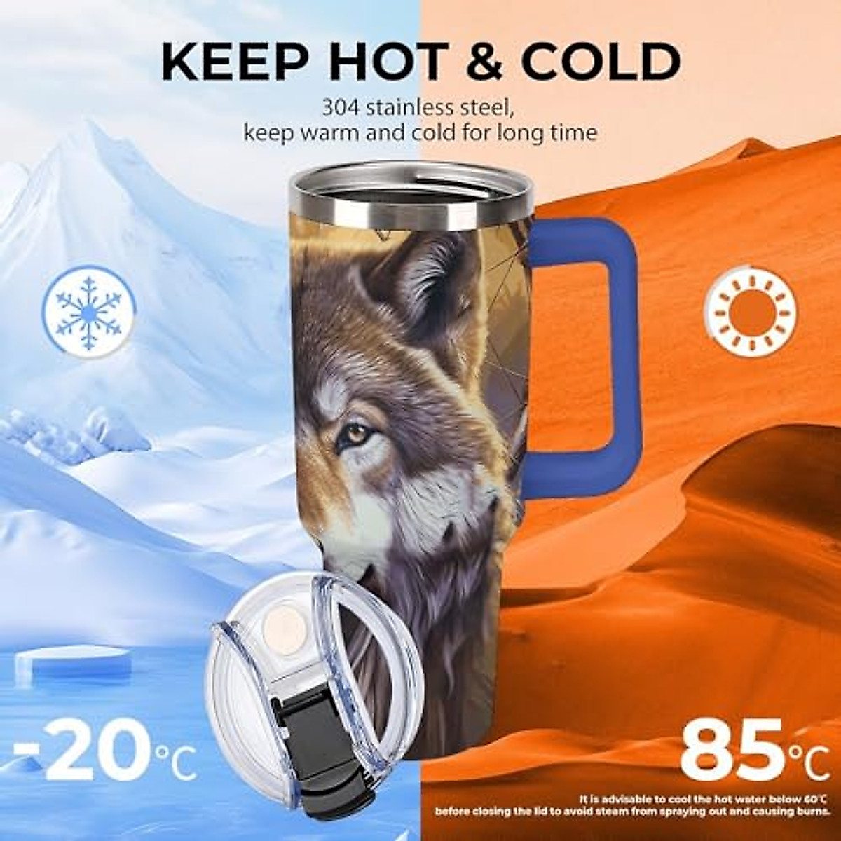 40 Oz Vacuum Tumbler with Deep Blue Handle Leakproof Insulated Tumbler Wolves And Dream Catchers Stainless Steel Travel Mug with Lid And Straw Coffee Cup Cute Water Bottles Cup Holder Friendly