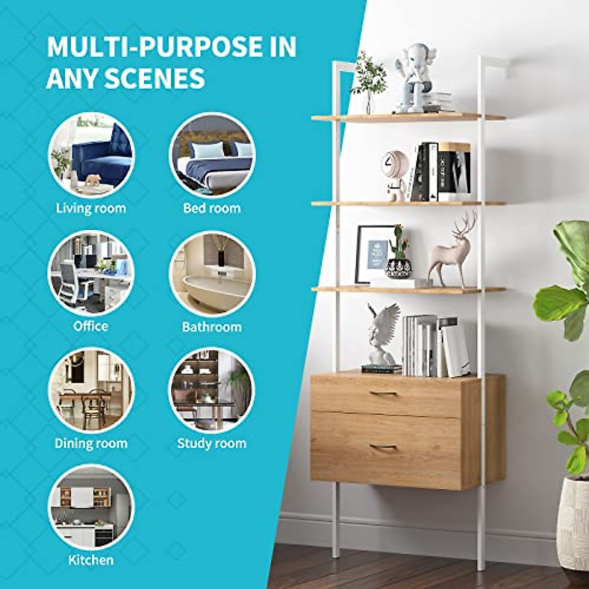 CECER Bookshelf with Wood Drawers and Matte Steel Frame for Small Places Bedroom Office Apartment