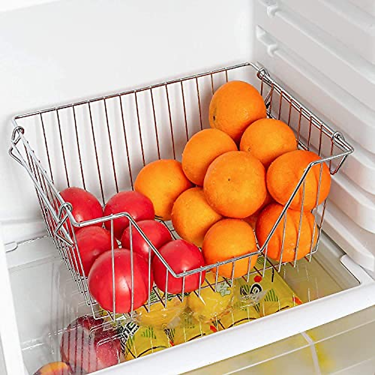 Slideep 12.2'' Large Stackable Storage Baskets Cabinet Organizer Sturdy Metal Wire Pantry Freezer Bin for Pantry Home Bathroom Kitchen Organization 2 Packs