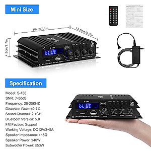 Bluetooth Audio Power Amplifier S188 2.1CH 40Wx2+50W Output Hi-Fi Subwoofer Amplifier Integrated Mini Stereo Amp Receiver W/USB,AUX,Remote Control for Home Car Speakers