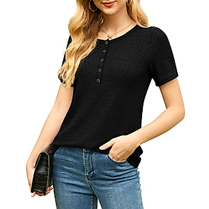 IWOLLENCE Womens Button Down Shirt Short Sleeve Henley Shirt Waffle Knit Tunic V Neck Tops Loose Fit Black Large