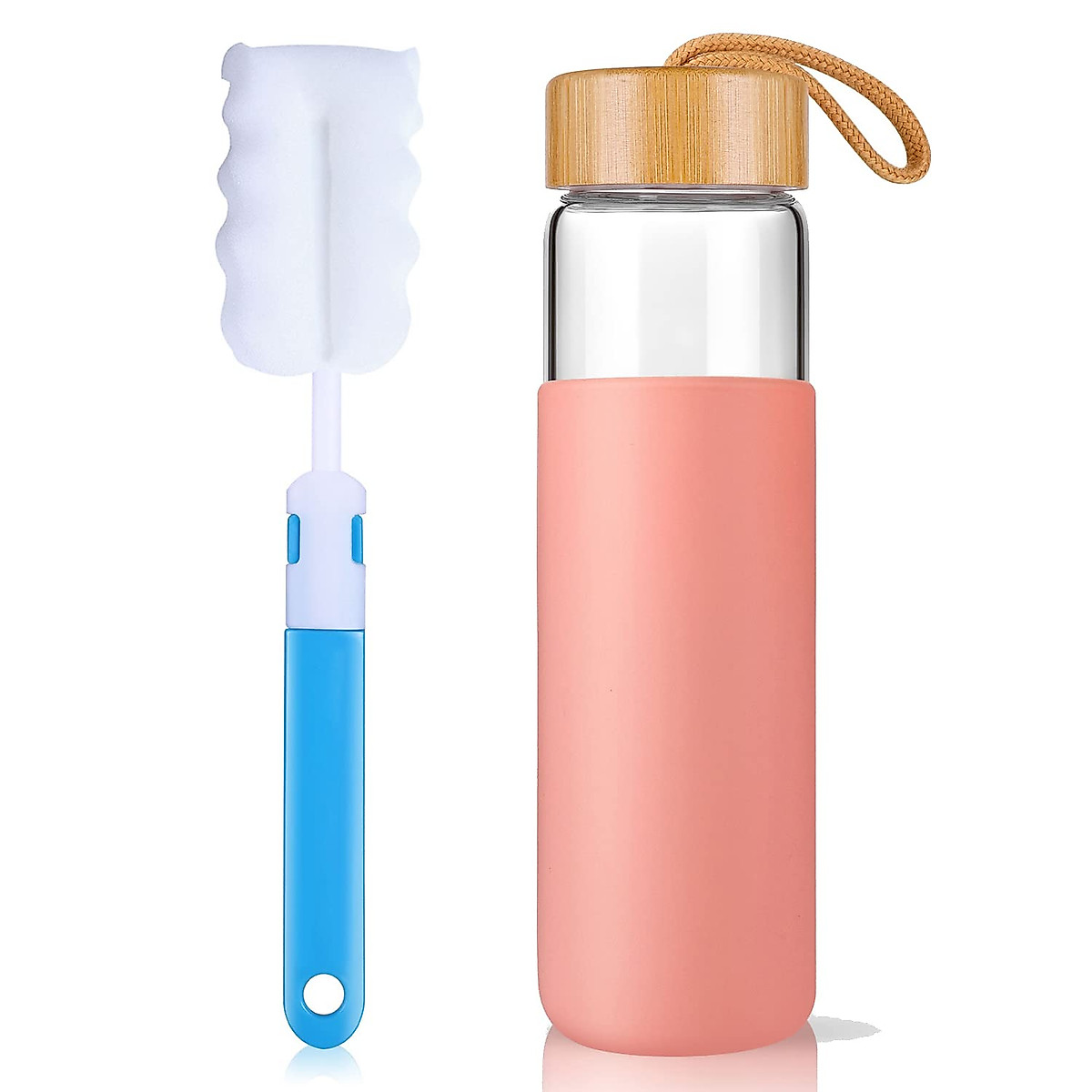 Yomious 20oz Bundle with 25oz Glass Water Bottle with Bamboo Lid and Silicone Sleeve – Reusable BPA Free – Glass Drinking Bottle with Lids