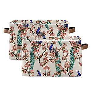 ALAZA Peacock Tropical Cherry Blossom Flower Large Storage Basket with Handles Foldable Decorative 1 Pack Storage Bin Box for Organizing Living Room Shelves Office Closet Clothes