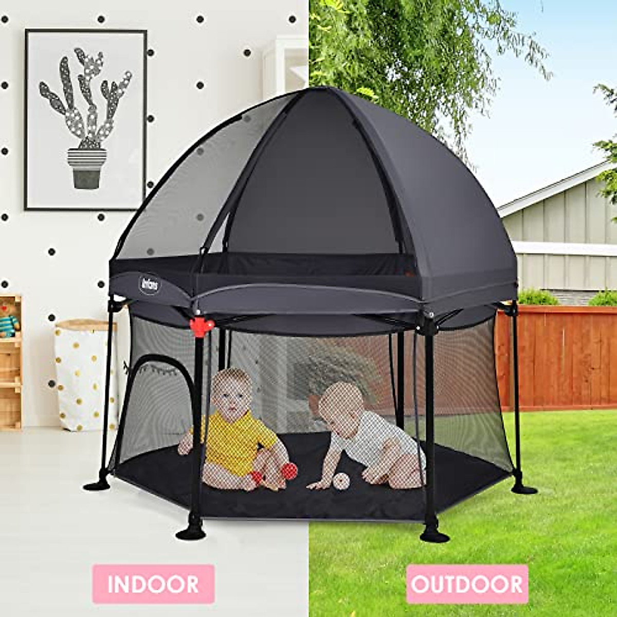 INFANS Baby Playpen with Removable Mesh & UV Canopy, 53" Portable Playhouse with Carry Bag, Dome, Padded Floor, Easy Folding Playard Activity Center (Dark Grey)