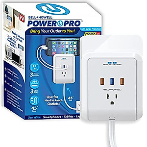 Bell + Howell Power Pro Outlet Extender, Wall Outlet Plug Extender, 4 Foot Extension Cord Surge Protector, 6 Total Ports 3 Plugs & 3 USB Charging Ports, 3 Prong Outlet Splitter, Multi Outlet Wall Plug