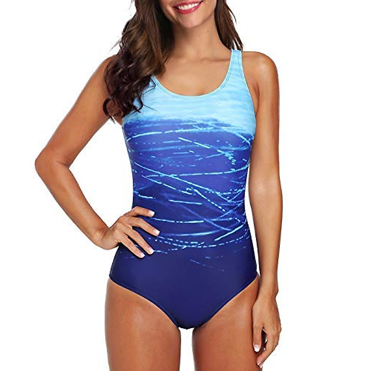 American Trends Women's One Piece Color Block Print Criss Cross Back Athletic Modest Swimsuit, B Blue, 12-14