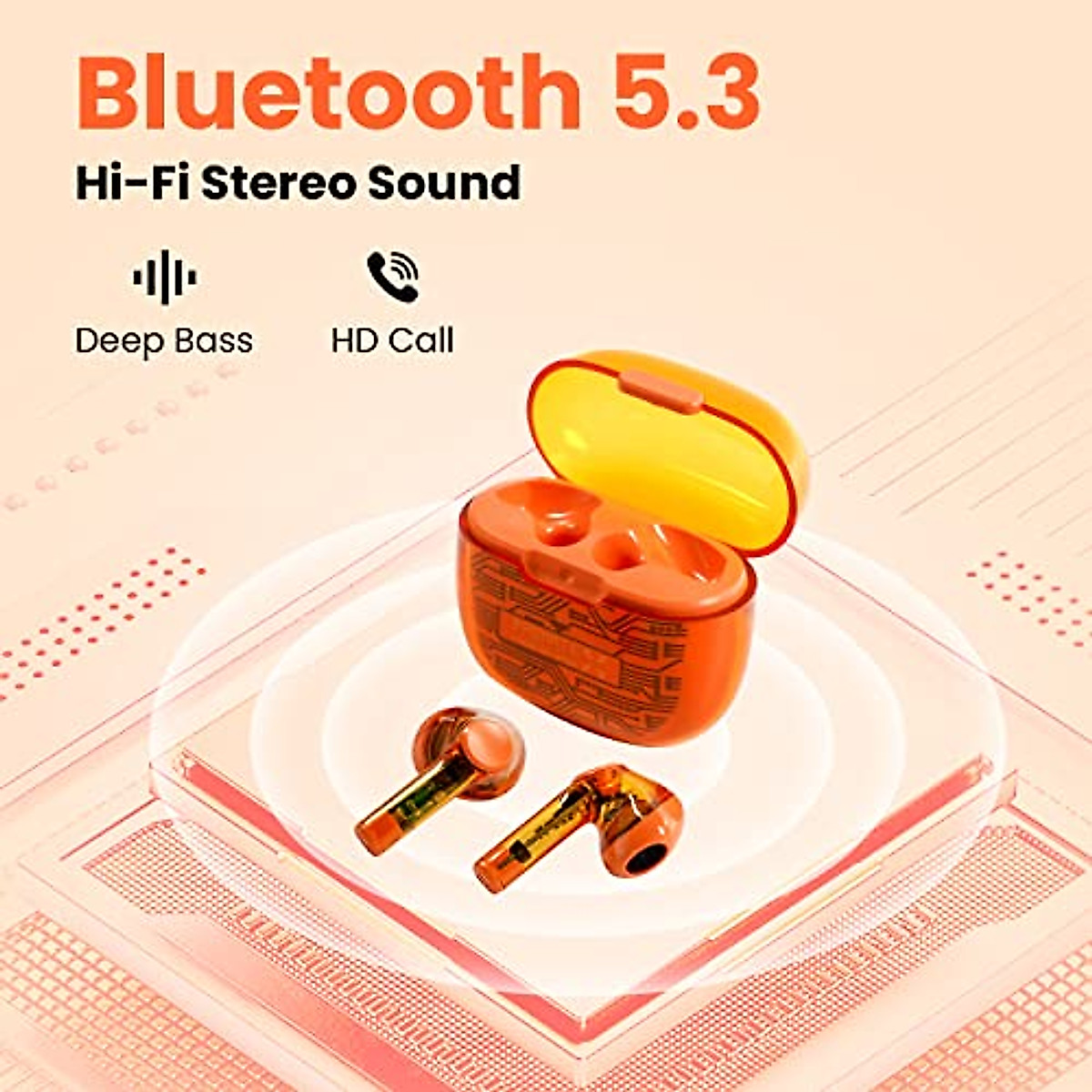 Cyberpunk Printing Wireless Bluetooth 5.3 Earbuds Headphone with Charging Case & Microphone, Noise Cancelling Earbuds, Waterproof Sport Workout Call Music In-Ear Headphones Earbuds Earphones Orange