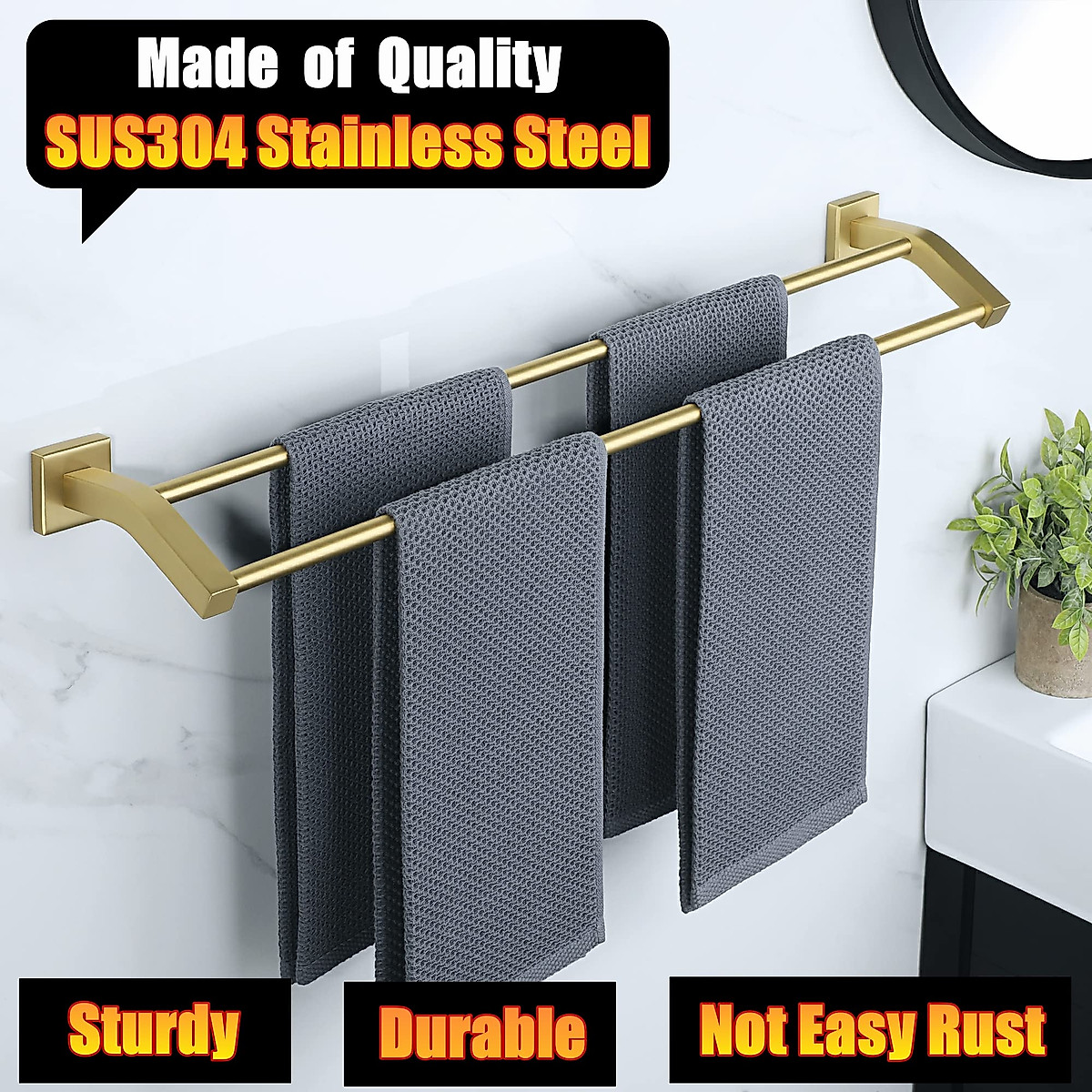Alise Bath Double Towel Bars Towel Racks for Bathroom Lavatory,Wall Mount Towel Holder Heavy Duty SUS304 Stainless Steel Towel Hanger Towel Rail,Brushed Gold Finish,24 Inch
