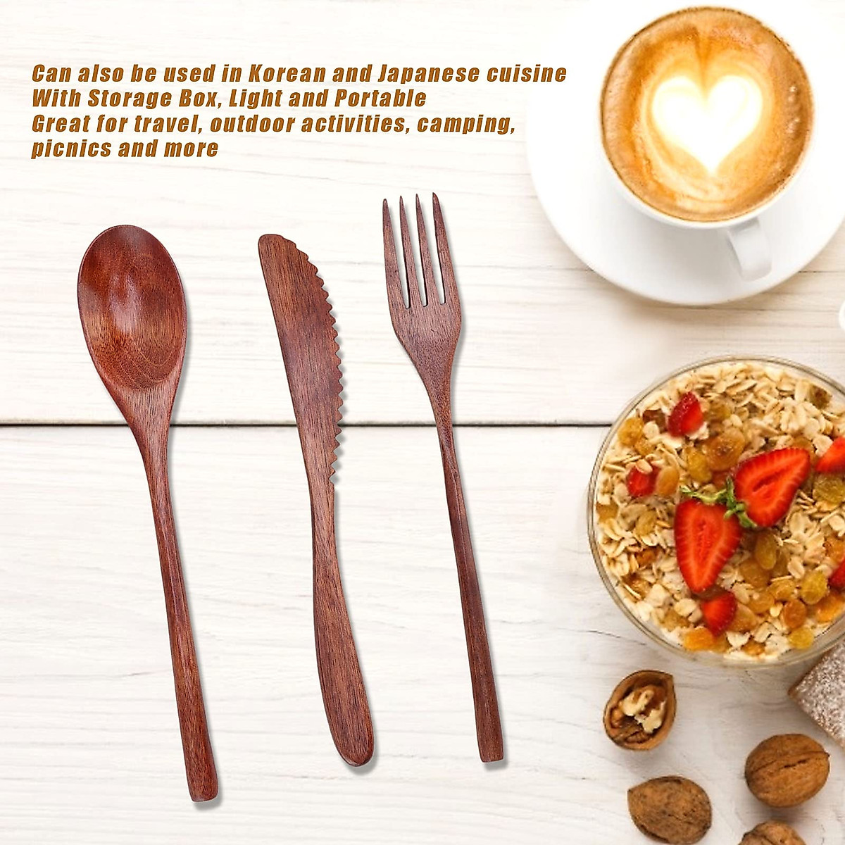 Wooden Cutlery Set Scratch Proof Durable Portable Heat Resistant Wooden Spoon Fork Cutter Tableware with Box for Dessert Salads Noodles