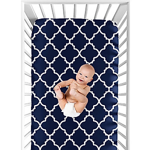 Navy Blue and White Modern Baby or Toddler Fitted Crib Sheet for Trellis Lattice Collection by Sweet JoJo Designs