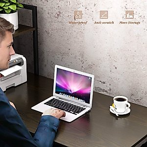 Engriy Computer Desk with 4 Tier Shelves for Home Office, 47" Writing Study Table with Bookshelf and 2 Hooks, Multipurpose Modern Wood Desk Workstation with Metal Frame for PC Laptop, Walnut Black