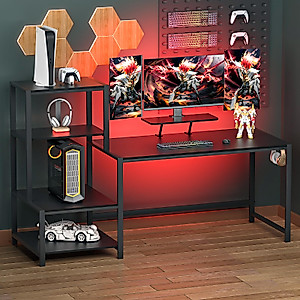 GreenForest Computer Desk with Storage Printer Shelf,67 inch Reversible Home Office Desk Large Study Writing Table with Movable Monitor Stand and 2 Headphone Hooks for PC Gaming Working, Black