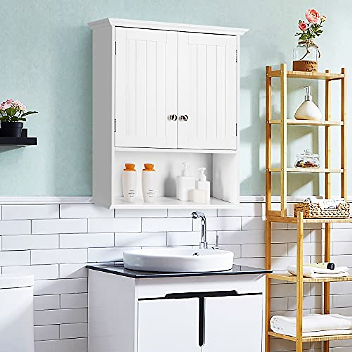 HAPPYGRILL Wall-Mounted Bathroom Storage Cabinet Bathroom Organizer Shelf Over The Toilet Storage Medicine Cabinet