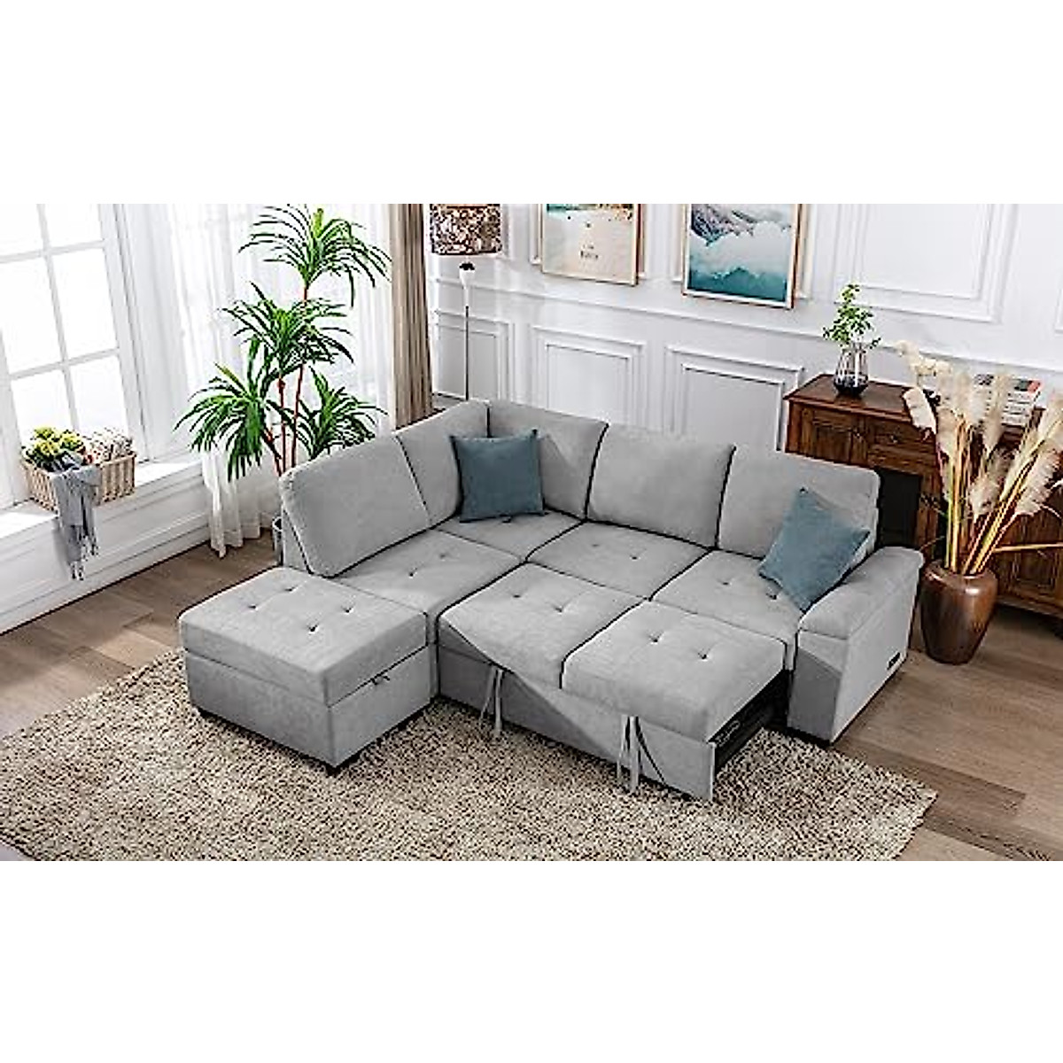 L-Shaped Corner Sleeper Sectional Sofa W/ Pull Out Cozy Sleep Couch Bed, Modern Practical Sectional & Sofa with Storage Ottoman ,Hidden Arm Storage and USB Charge for Home Apartment Living Room Sets