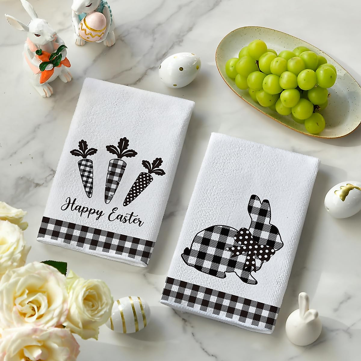 Artoid Mode Buffalo Plaid Rabbit Bunny Carrots Happy Easter Kitchen Dish Towels,18x26 Inch Seasonal Spring Decoration Hand Towels Set of 2