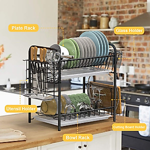 Auledio 2 Tier Dish Drying Rack with Utensil Knife Organizer Cutting Board Holder Dish Drainer Removable Drain Board,Black