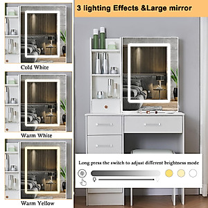 Hikooo Makeup Vaniy with LED Lights,Vanity with Lighted Mirror and Chair, Vanity Table with Lights and Drawers,Vanity Makeup Desk with Stool and Storage Shelves,Bedroom Furniture White