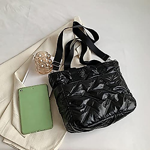 JQWYGB Puffer Tote Bag for Women - Large Puffy Tote Bag Purse Soft Padded Cotton Quilted Handbags Shoulder Crossbody Bags (Black)