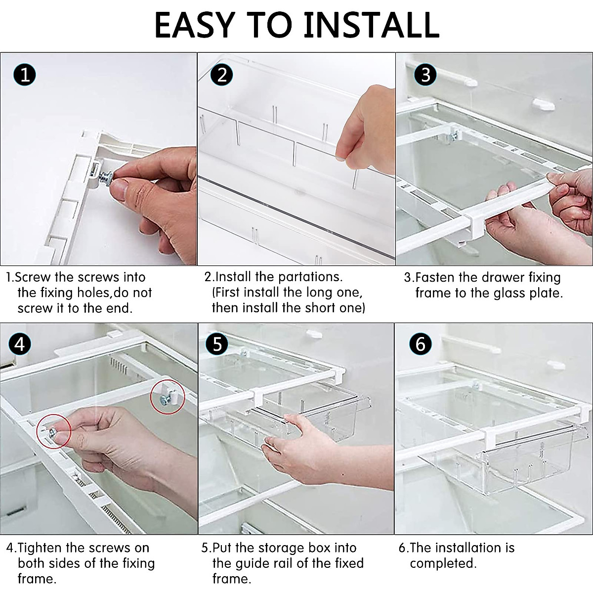 Simfree Pull Out Fridge Drawer,Fridge Drawer Organizer,Refrigerator Drawer Organizer,Pull Out Shelf Storage Transparent Organizer for Egg,Fruit,Vegetable,Seafood,Beef-4 compartments