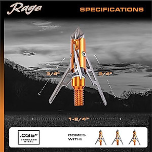 Rage 3 Blade Chisel Tip X Crossbow Broadhead 1.6" Cut, Orange (60200)