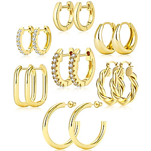 Adoyi Small Gold Huggie Hoop Earrings for Women Chunky Twisted Big Gold Hoops Set Hypoallergenic 14K Gold Plated Large Huggie Hoop Earrings Pack for Women Gift Lightweight 7 Pairs ball earrings