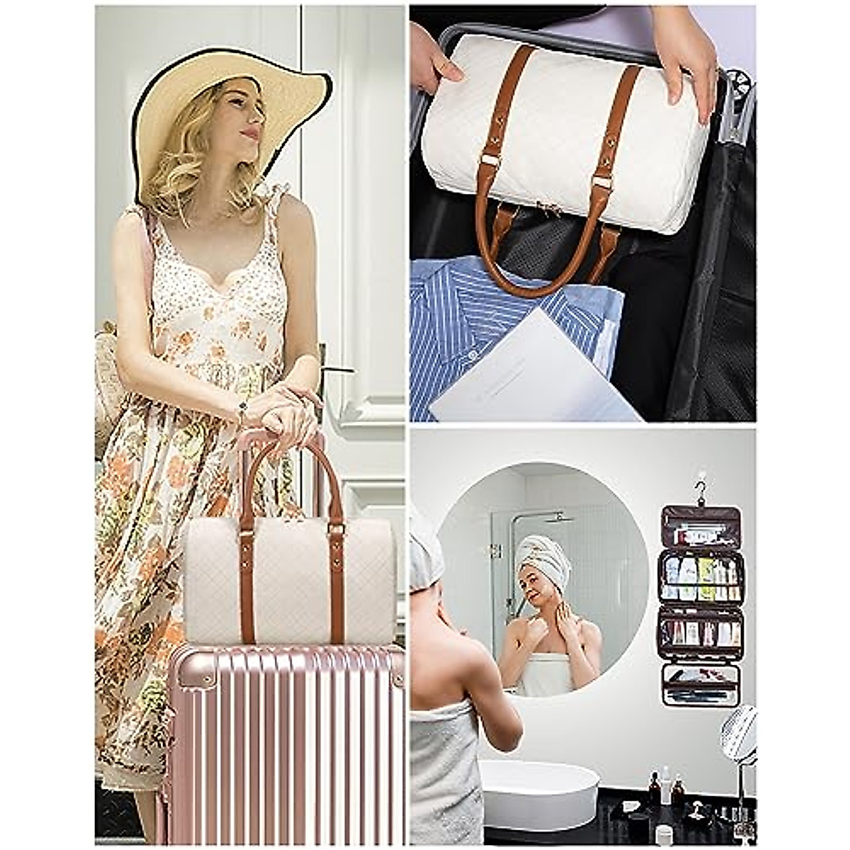 LOVEVOOK Travel Toiletry Bag for Women, Bathroom Toiletry Organizer with Hanging Hook, Large Makeup Case with Detachable Pocket, Perfect Cosmetic Traveling Essential for Full Sized, Beige-Brown