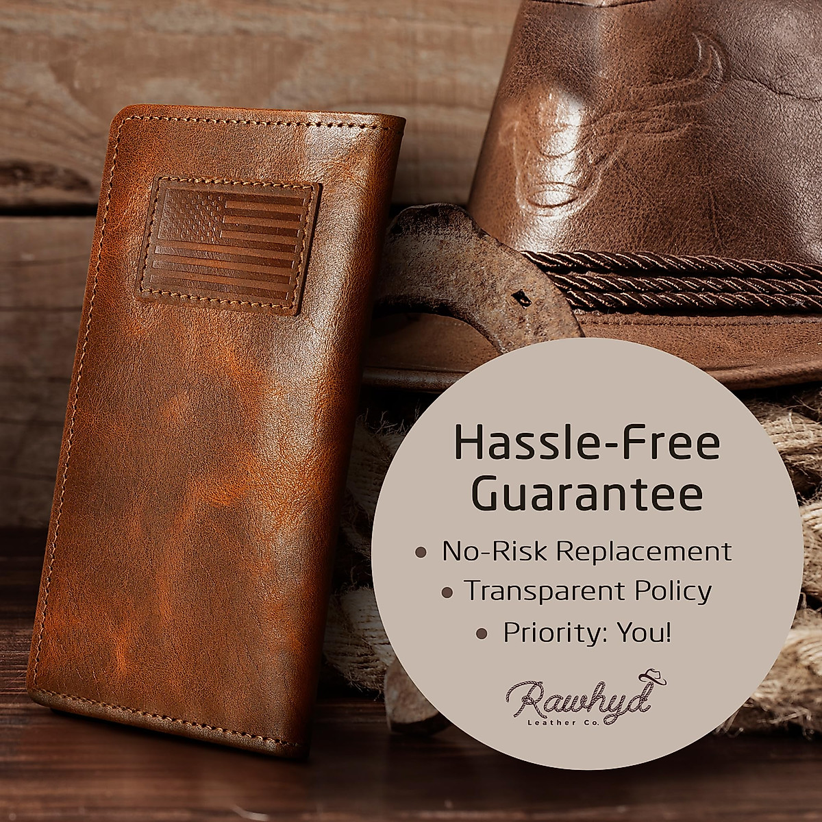 RAW HYD Leather American Flag Wallet for Men – Full-Grain Leather Flag Wallet - 6.75" Long Wallets for Men – Patriotic American Flag Wallet Mens Leather – Durable Western Wallets for Men