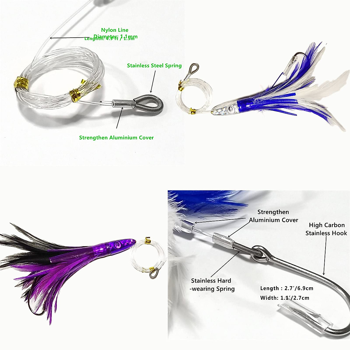 XMWangzi Trolling Feather Fishing Lures Saltwater, Fishing Tackle Deep Sea Head Octopus Trolling Skirts, Fluke Rig Squid Lures, Fishing Teasers for Marlin Tuna (5 Pcs in 5 Colors)