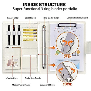 Toplive Padfolio Folder 3 Ring Binder PU Leather Portfolio, Business Interview Resume Portfolio A4/ Letter Size Document Organizer with Clipboard for Women Men, Pink