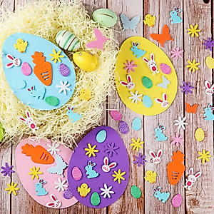 12 Pieces DIY Easter Foam Stickers Self-Adhesive Big Easter Egg Stickers and 300 Pieces Bunnies Chicks Flower Shaped Stickers for Kids Crafts Arts Party Supplies
