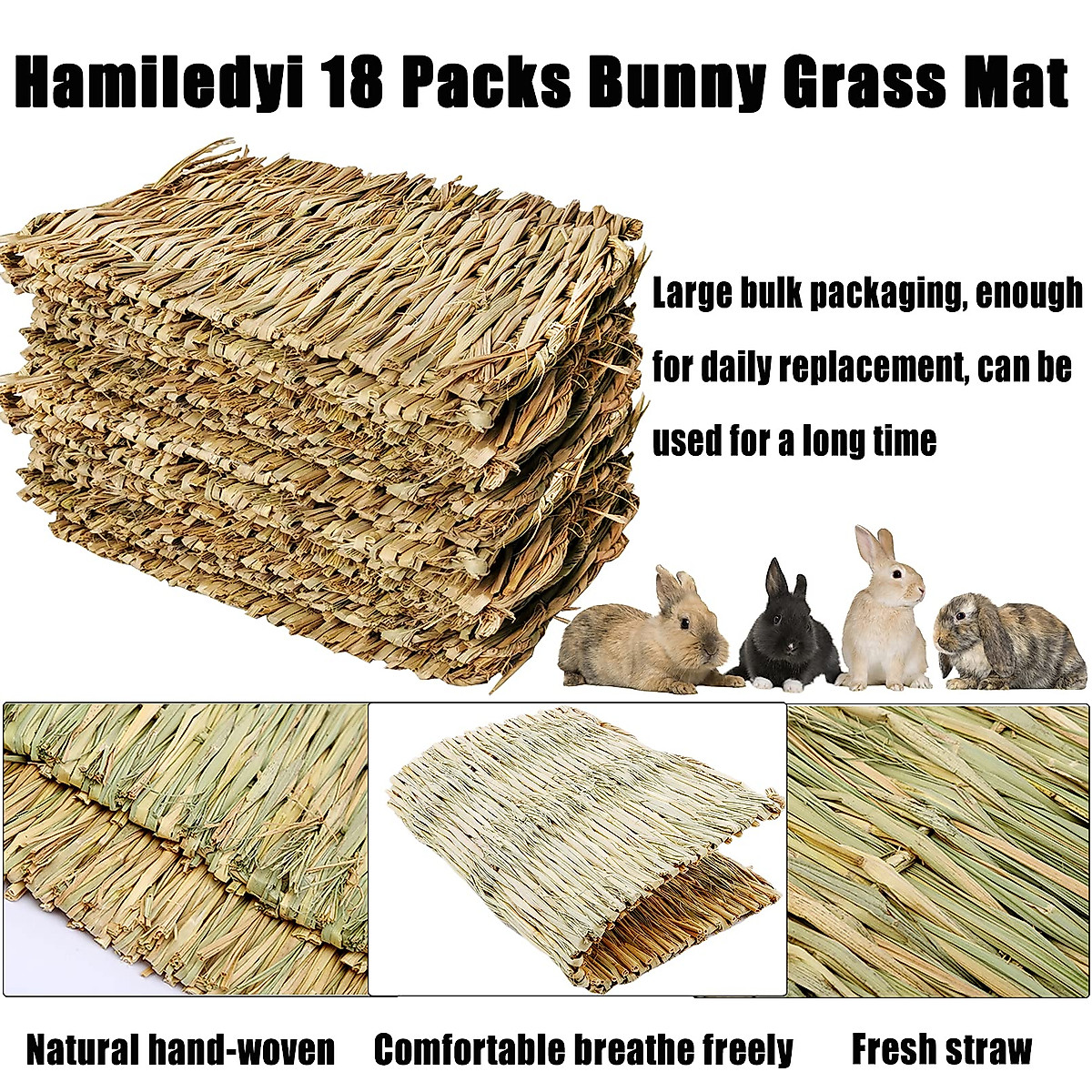 Hamiledyi 18 Pack Bunny Grass Woven Bed Mat Natural Straw Hay Mats Rabbit Handmade Bedding Sleeping Grinding Nesting and Chewing Toy for Guinea Pig Hamster Chinchilla Squirrel Hedgehog