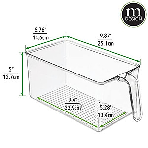 mDesign Plastic Kitchen Pantry Cabinet Refrigerator Storage Organizer Bin Holder with Front Handle - for Organizing Individual Packets, Snacks, Produce, Pasta - BPA Free - Medium, 4 Pack - Clear