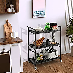 Giantex 3-Tier Folding Utility Cart, Storage Shelves on Wheels 2 Lockable Casters, Steel Rolling Shelving Units, Mobile Wire Rack for Kitchen Living Room Garage, Black (1, 28.5" Lx13 Wx 37" H)