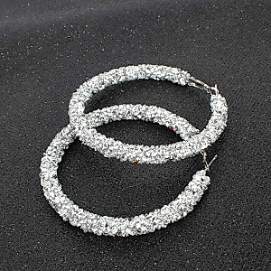 Silver Glitter Hoop Earrings for Women Bohemian Sparkle Resin Rhinestone Wrapped Big Hoop Dangle Earrings Jewelry