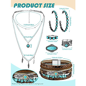 Ecally Bohemian Western Jewelry Turquoise Set Women Bohemian Pendant Long Choker Layered Bracelets Turquoise Earrings Ring(Boho)
